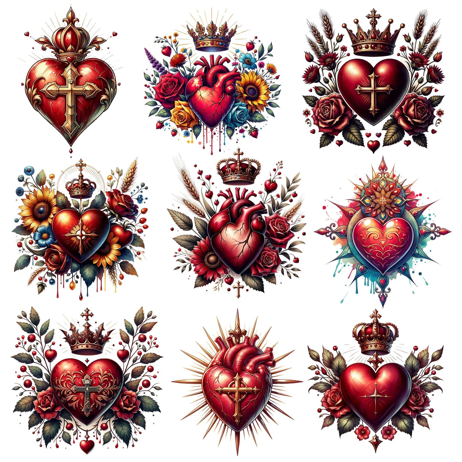 Sacred Hearts Clipart Watercolor Religious Heart Symbols, Vintage Jesus ...