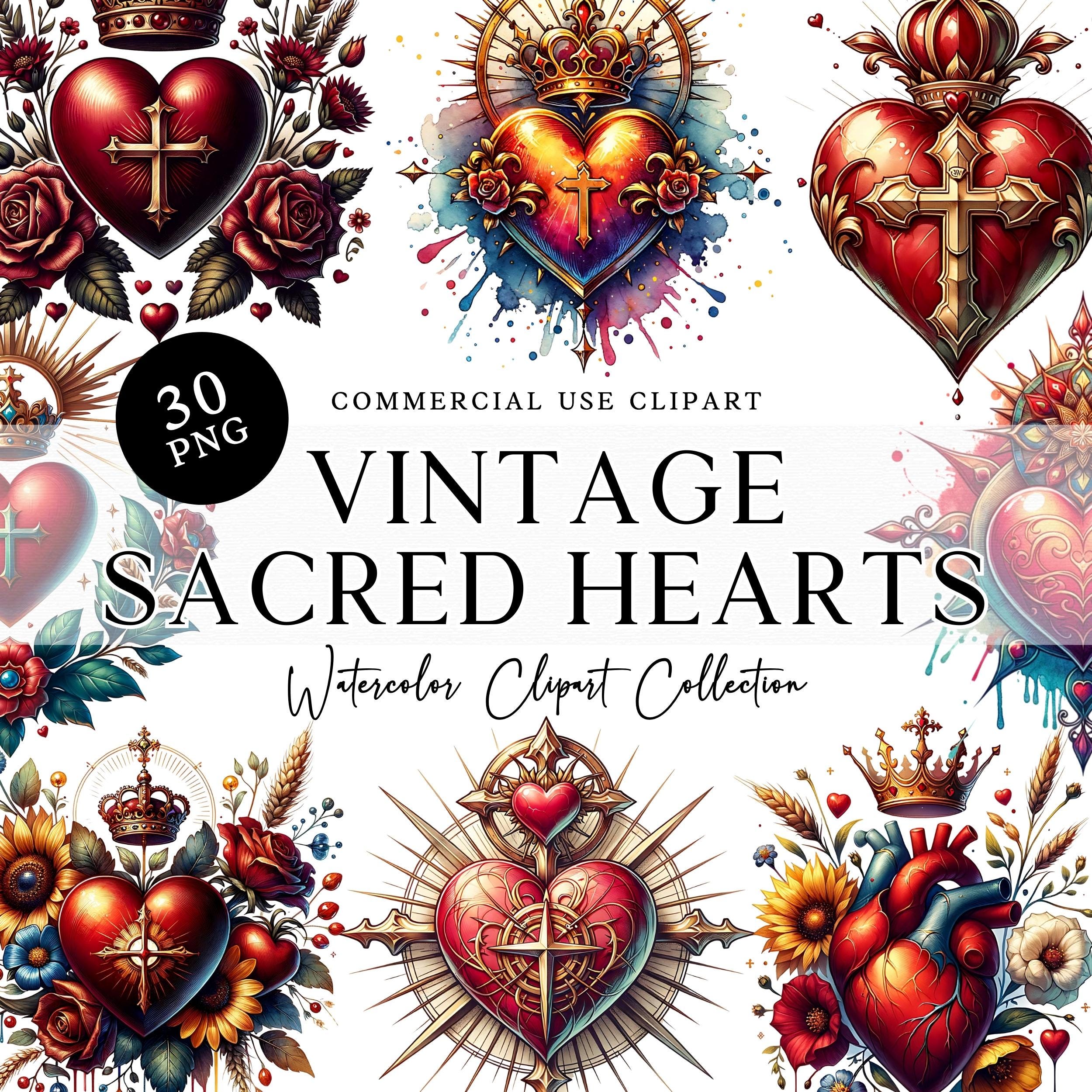 Sacred Hearts Clipart Watercolor Religious Heart Symbols, Vintage Jesus ...