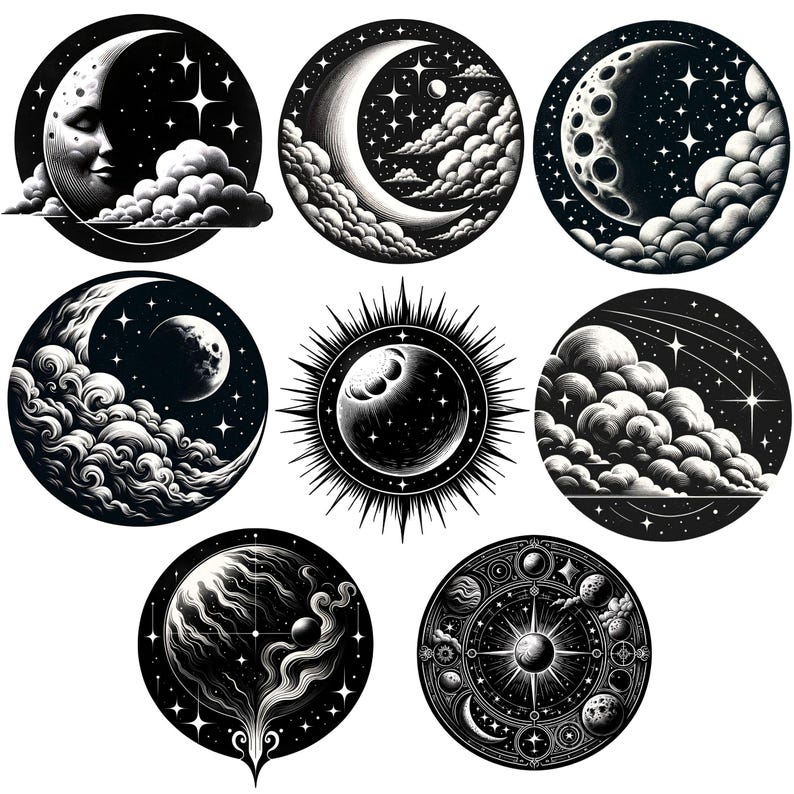 Vintage Celestial Clipart Pack Sun Moon Phase, Stars Illustrations Png ...