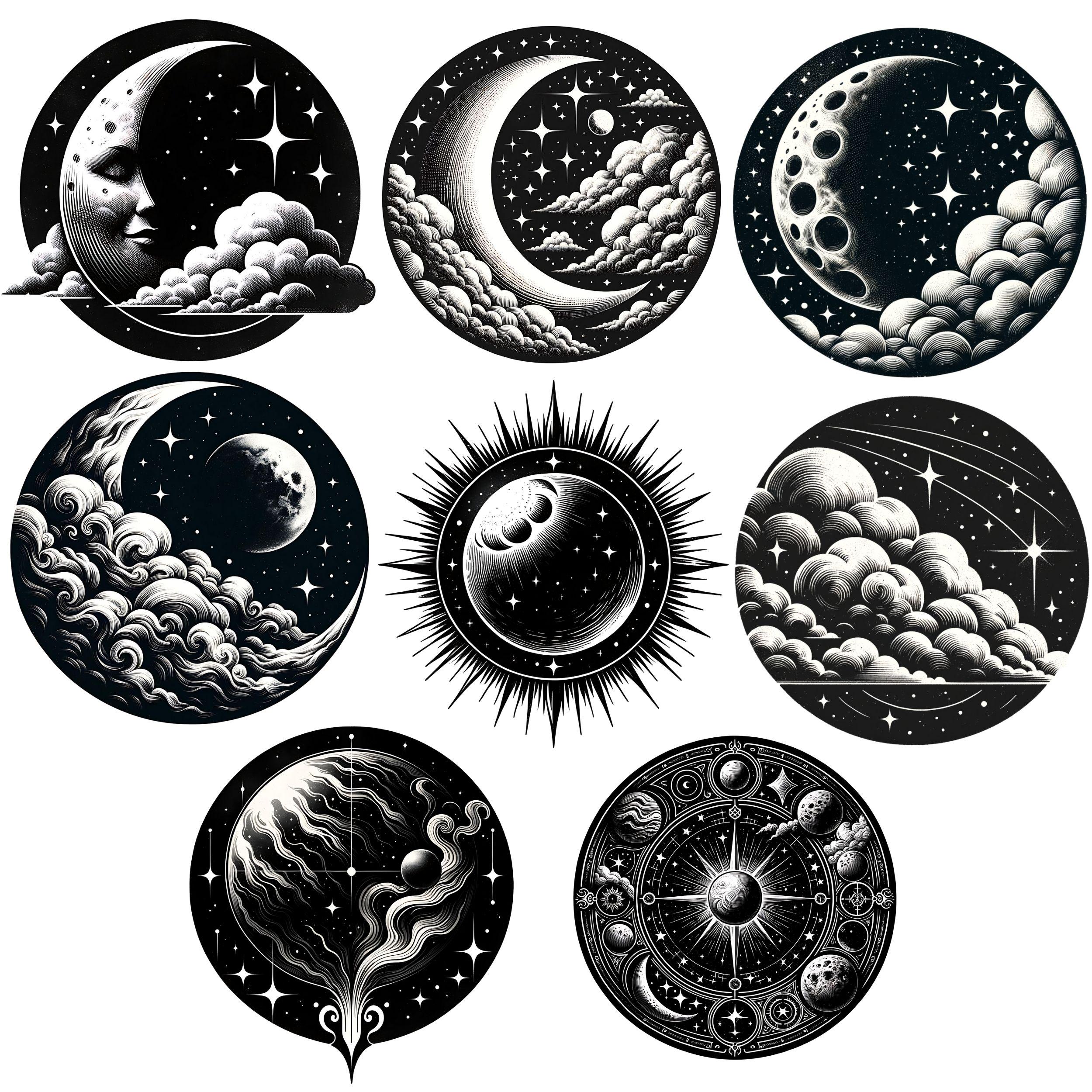 Vintage Celestial Clipart Pack Sun Moon Phase, Stars Illustrations Png ...