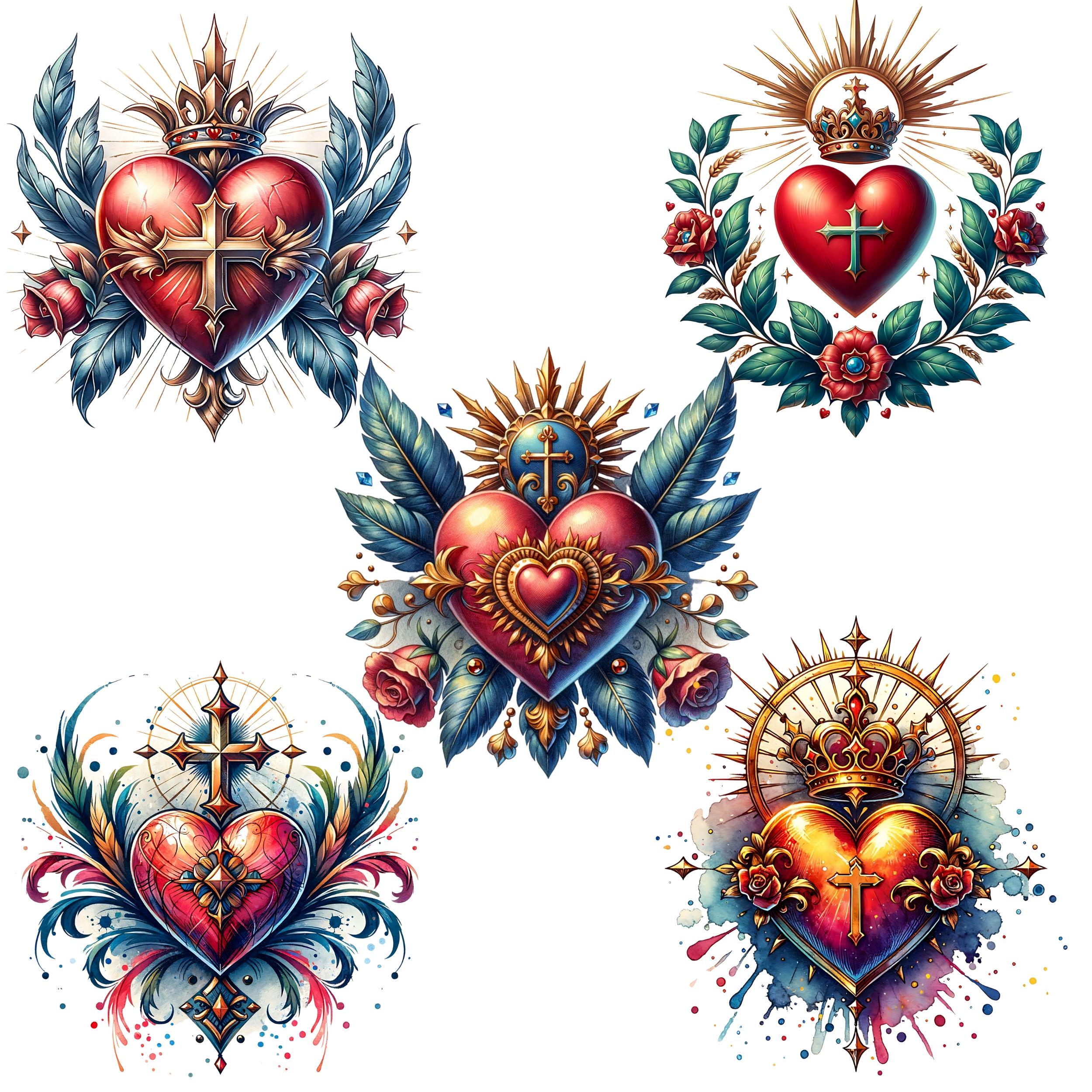 Sacred Hearts Clipart Watercolor Religious Heart Symbols, Vintage Jesus ...