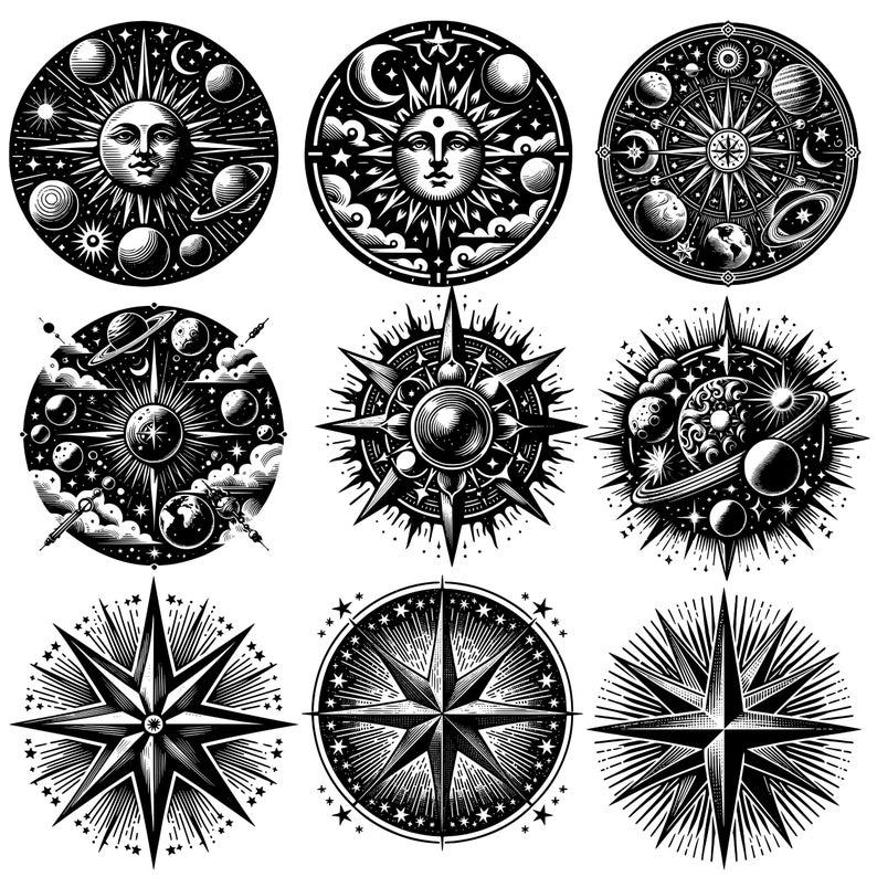 Vintage Celestial Clipart Pack Sun Moon Phase, Stars Illustrations Png ...