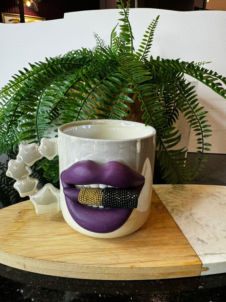 Purple Lipstick Mug: Handmade Porcelain Coffee Cup With Polymer Clay ...