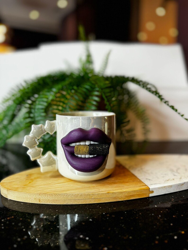 Purple Lipstick Mug: Handmade Porcelain Coffee Cup With Polymer Clay ...