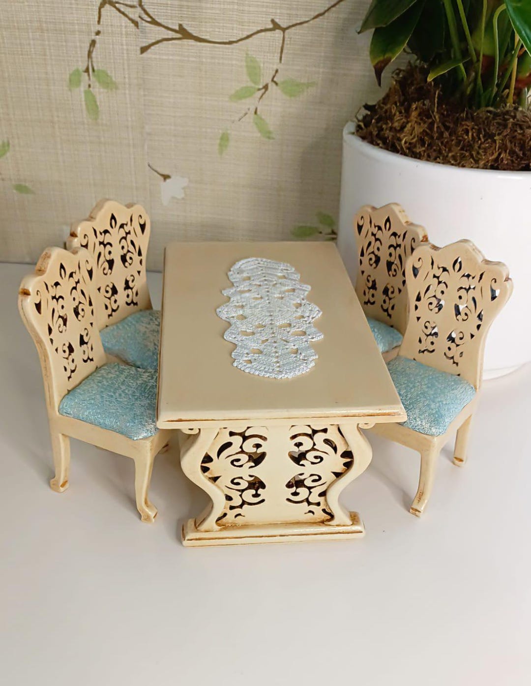 Vintage Miniature Dining Set, Wooden Table and Chairs, 1:12 Scale ...