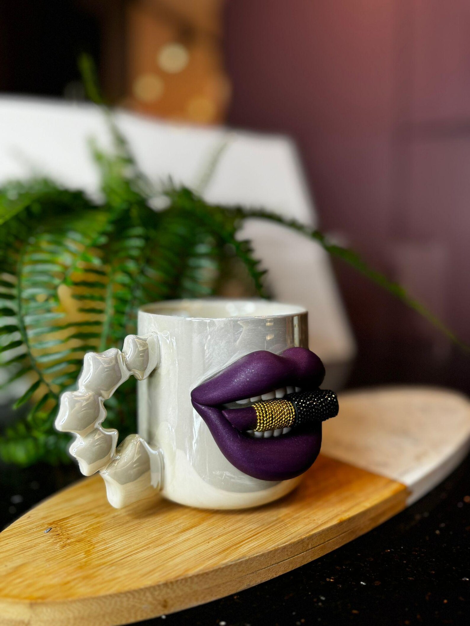 Purple Lipstick Mug: Handmade Porcelain Coffee Cup With Polymer Clay ...