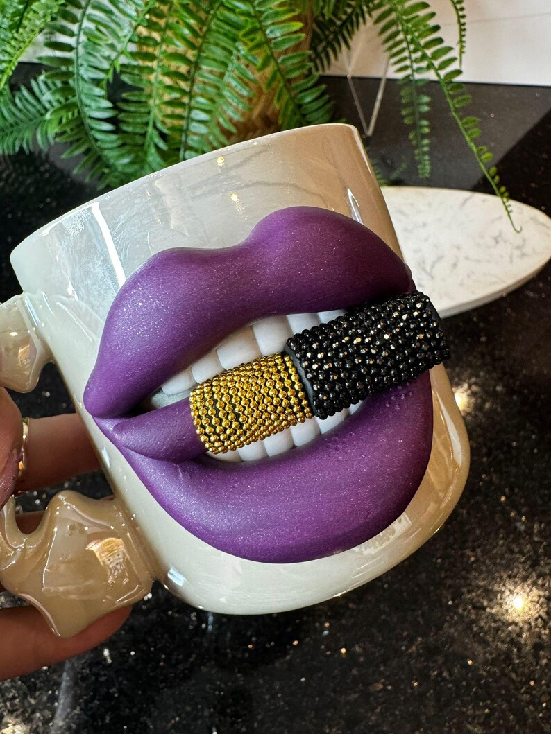 Purple Lipstick Mug: Handmade Porcelain Coffee Cup With Polymer Clay ...