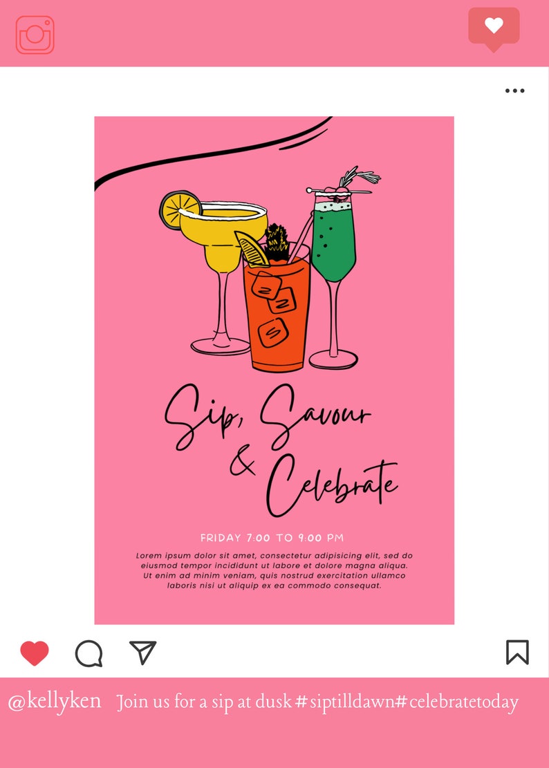 Sip, Savour & Celebrate Editable Cocktail Party Invitation Printable ...