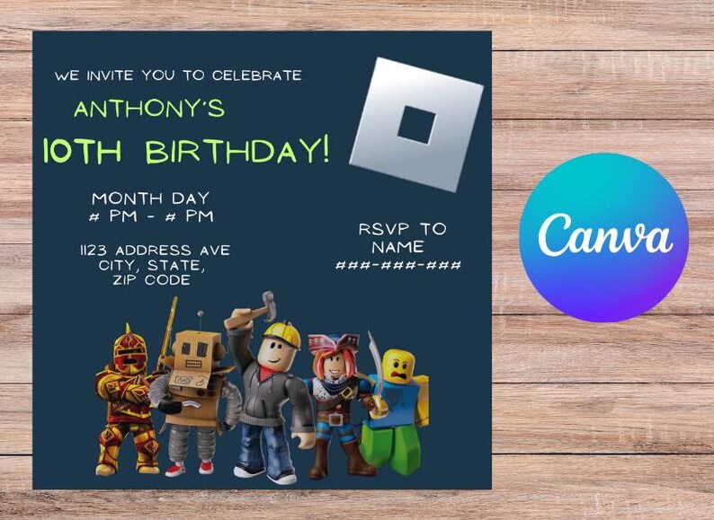 Roblox Theme Birthday Party Invitation, Gamer Theme Party Invite ...