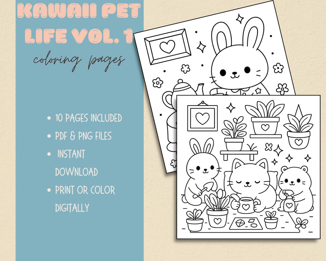 Kawaii Pet Life Coloring Book VOL.1 | 10 Printable Coloring Pages ...