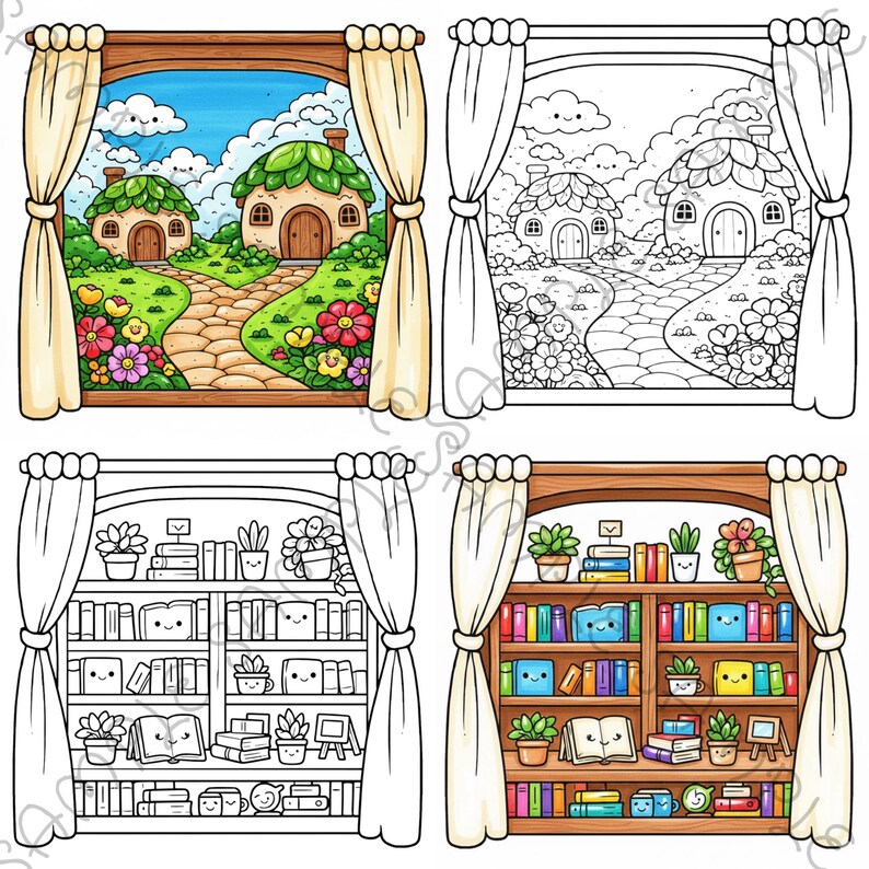 Libro para colorear kawaii: Mundos de ventanas pequeñas, escenas ...