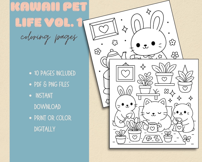 Kawaii Pet Life Coloring Book Printable – Cute Cat, Bunny & Hamster ...