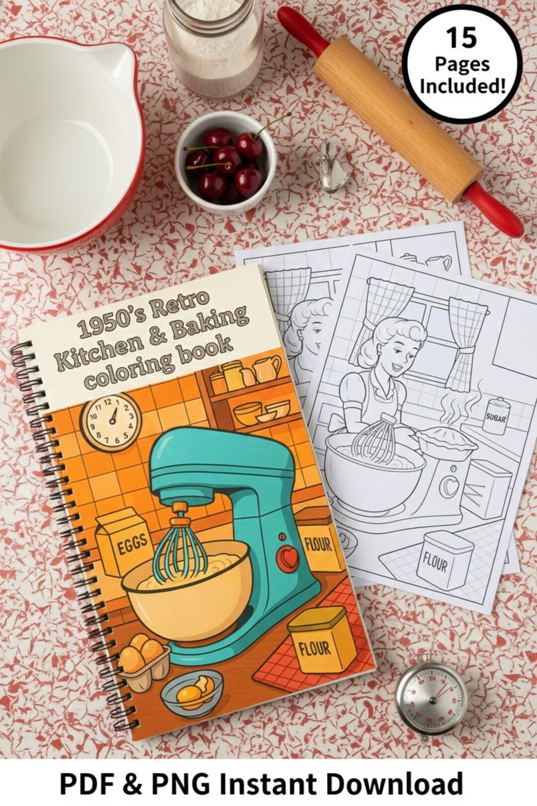 1950s Retro Kitchen Coloring Pages, Vintage Baking Coloring Book for ...