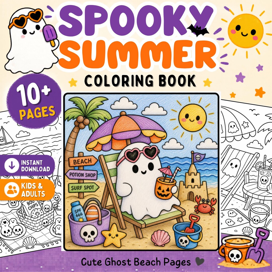 Spooky Summer Coloring Book for Kids & Adults | Cute Halloween Beach ...
