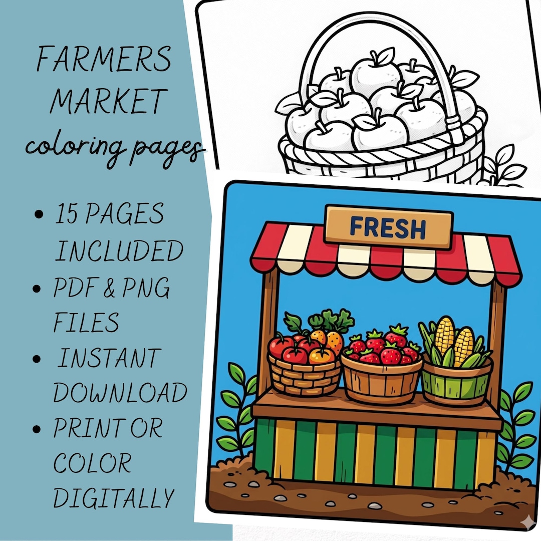 Farmers Market Coloring Book, Easy Coloring Pages for Adults, Bold ...