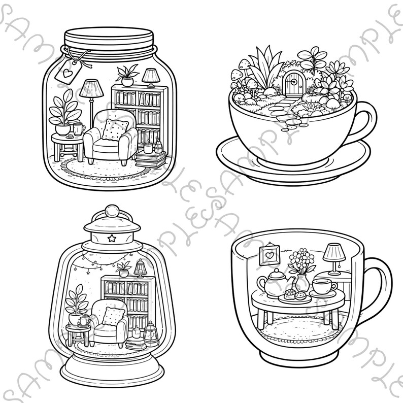 Tiny Worlds Coloring Book - 25 Page Printable Terrarium Scenes (PDF ...