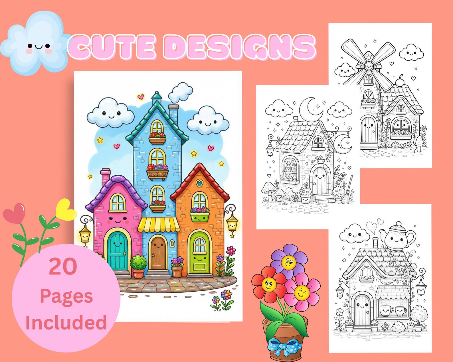 Kawaii Whimsical Houses Coloring Book for Adults and Teens | 20 Pages ...