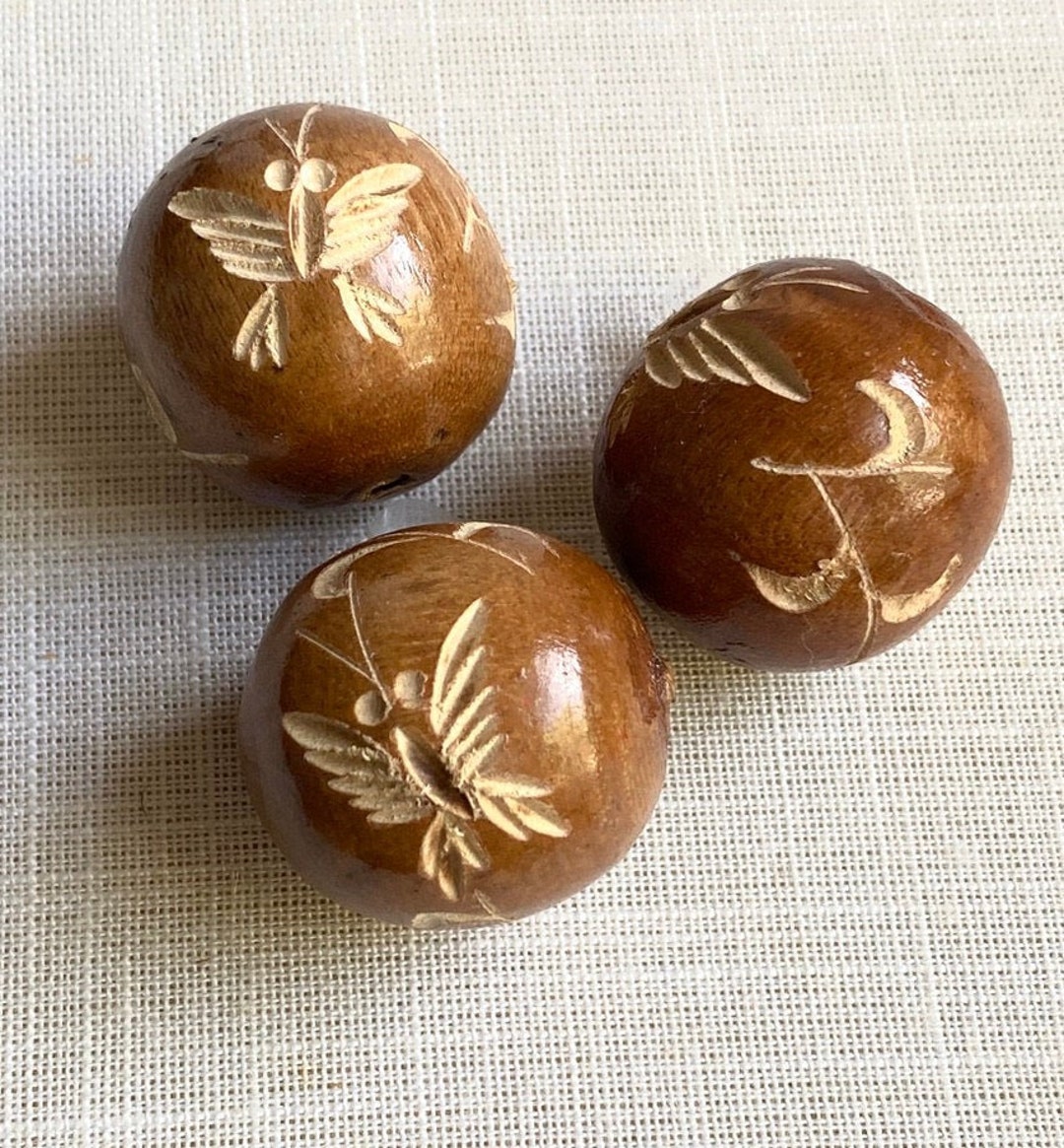 Vintage Large Hand Carved Wood Beads With Butterfly Pattern, Large Hole ...