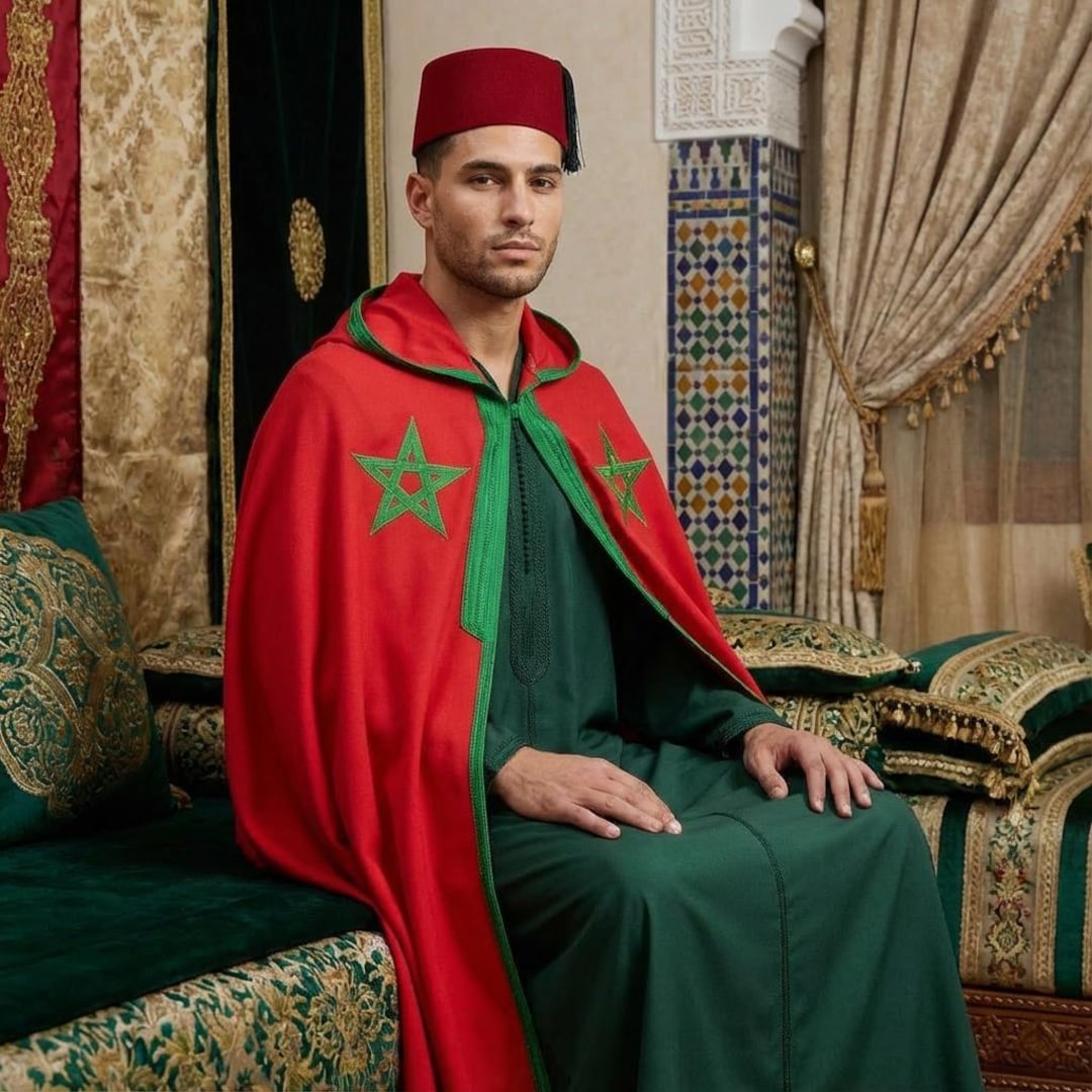 Moroccan Selham & Fez Hat Set | Handmade Red Hooded Cloak | Burgundy ...