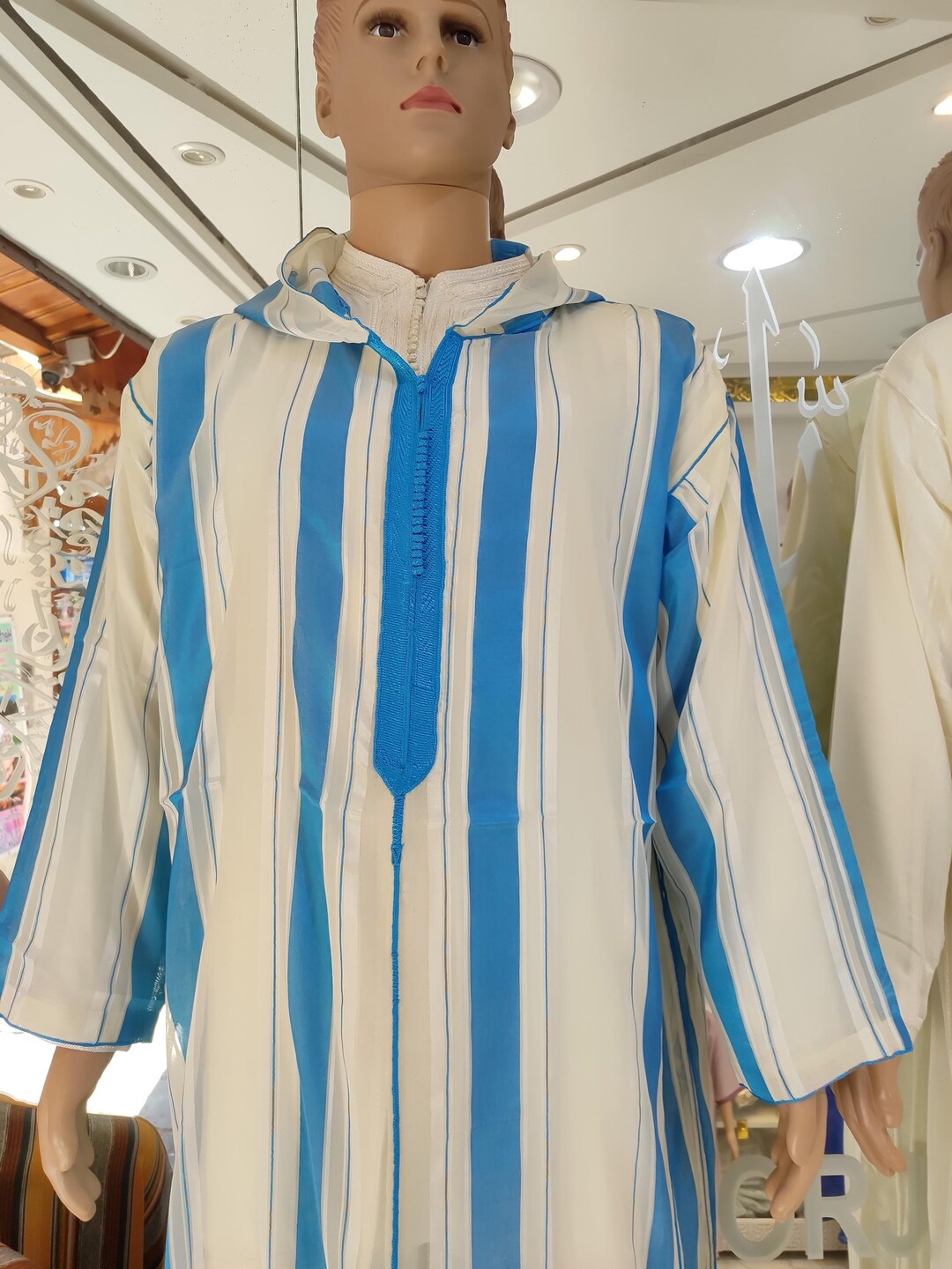 Handcrafted Moroccan Djellaba: White & Blue Embroidered Kaftan - Etsy