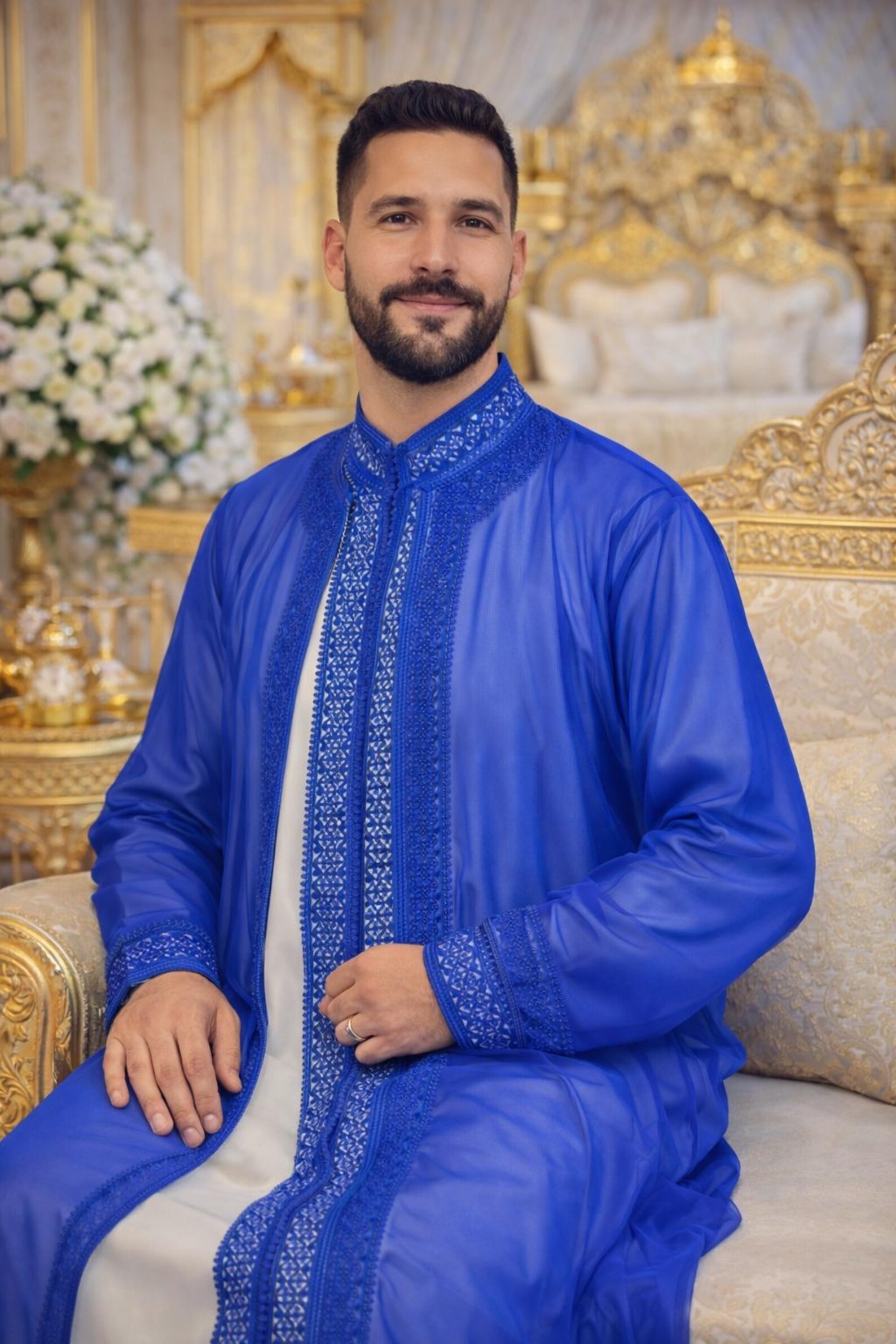 Moroccan Thobe Men 2 Piece Set | Royal Blue Embroidered Jabador ...