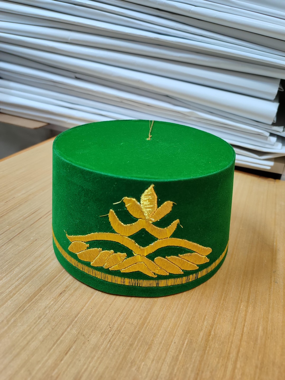 Moroccan Tarboush Green Velvet Hat - Handmade Fez Traditional Cap Gold ...