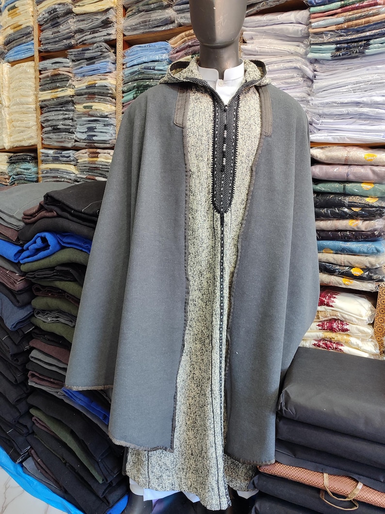 Gray Moroccan Winter Djellaba With Selham | Hooded Thobe Set | Warm ...