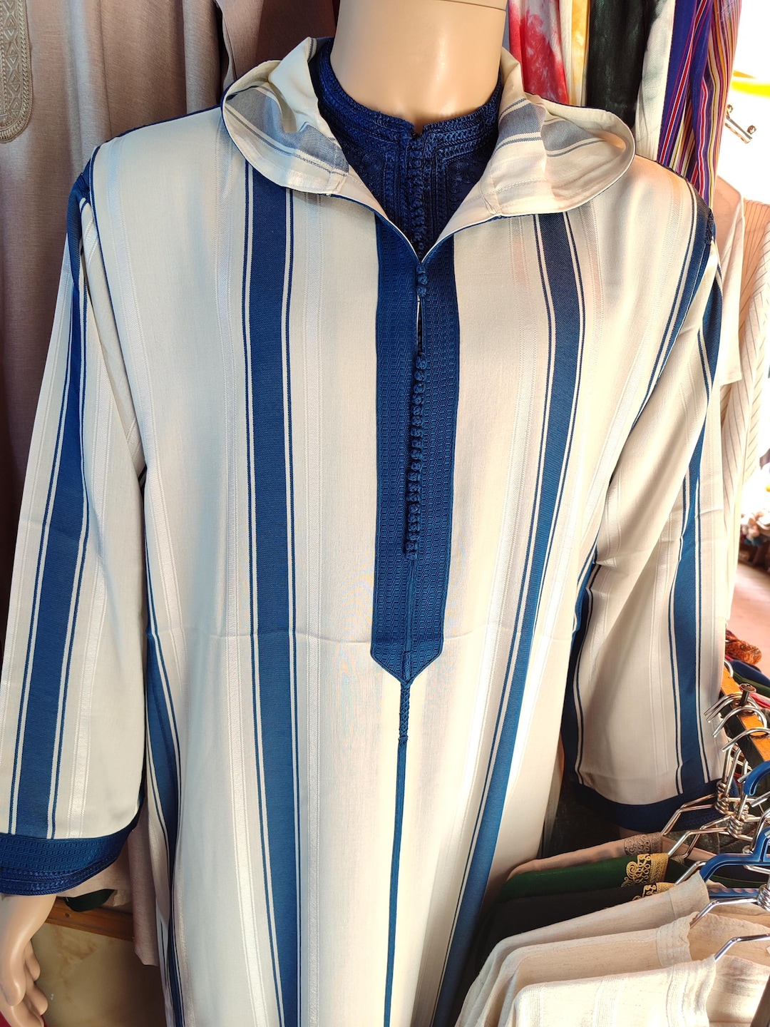 Handcrafted Moroccan Djellaba: White & Blue Embroidered Thobe, Men's ...