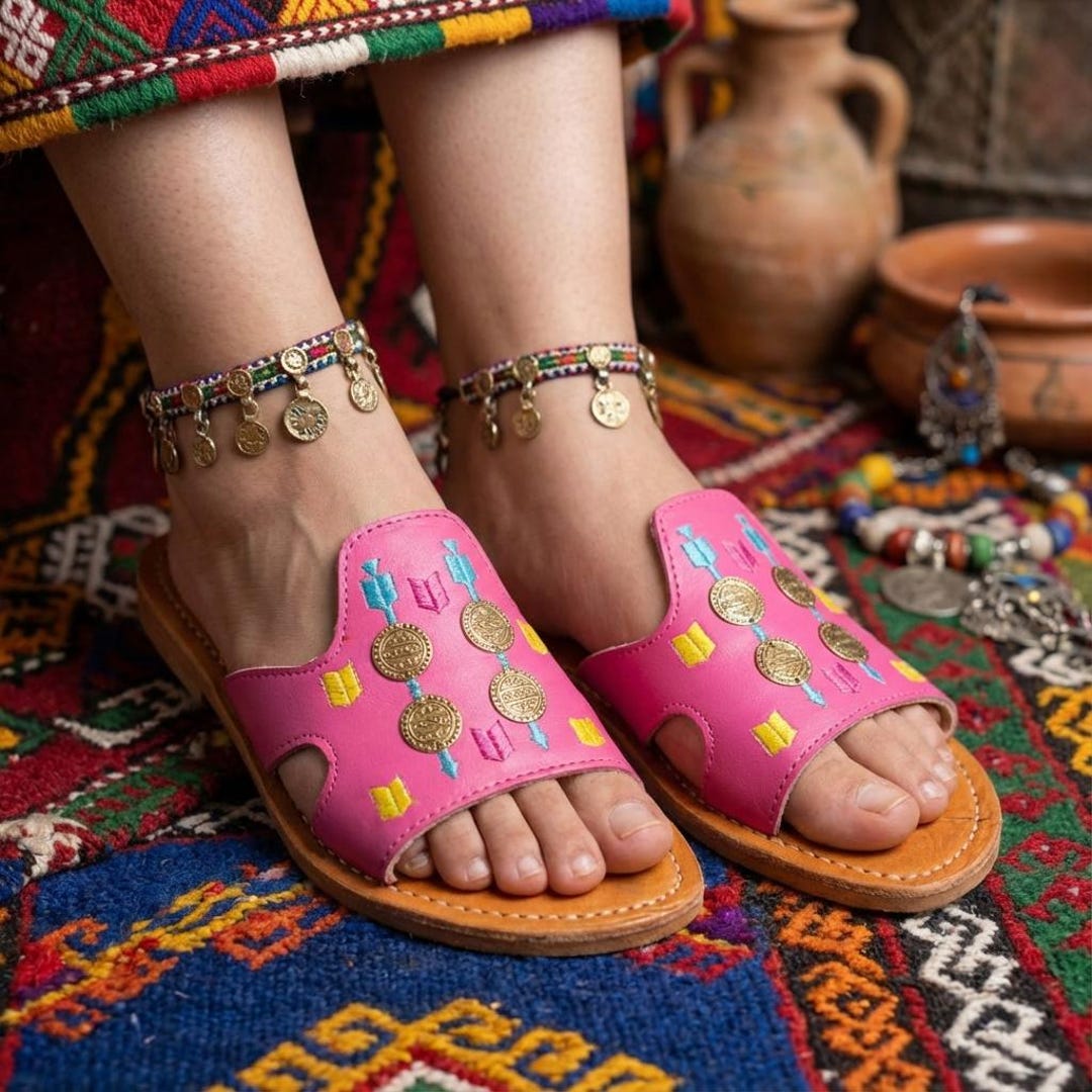 Handmade Moroccan Sandals Women | Embellished Leather Flats | Boho Slip ...