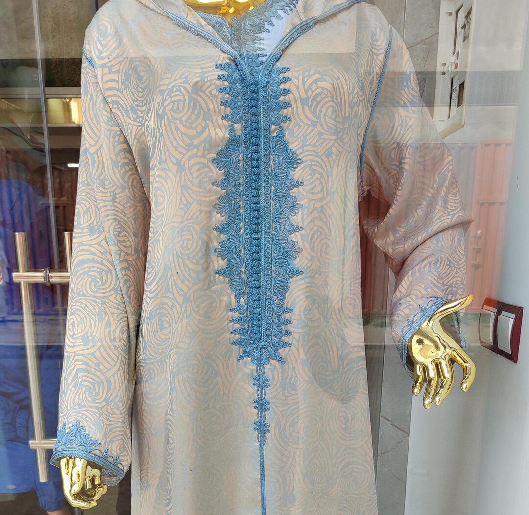Custom Made Moroccan Jellaba | Handmade Cream Djellaba Blue Embroidery ...