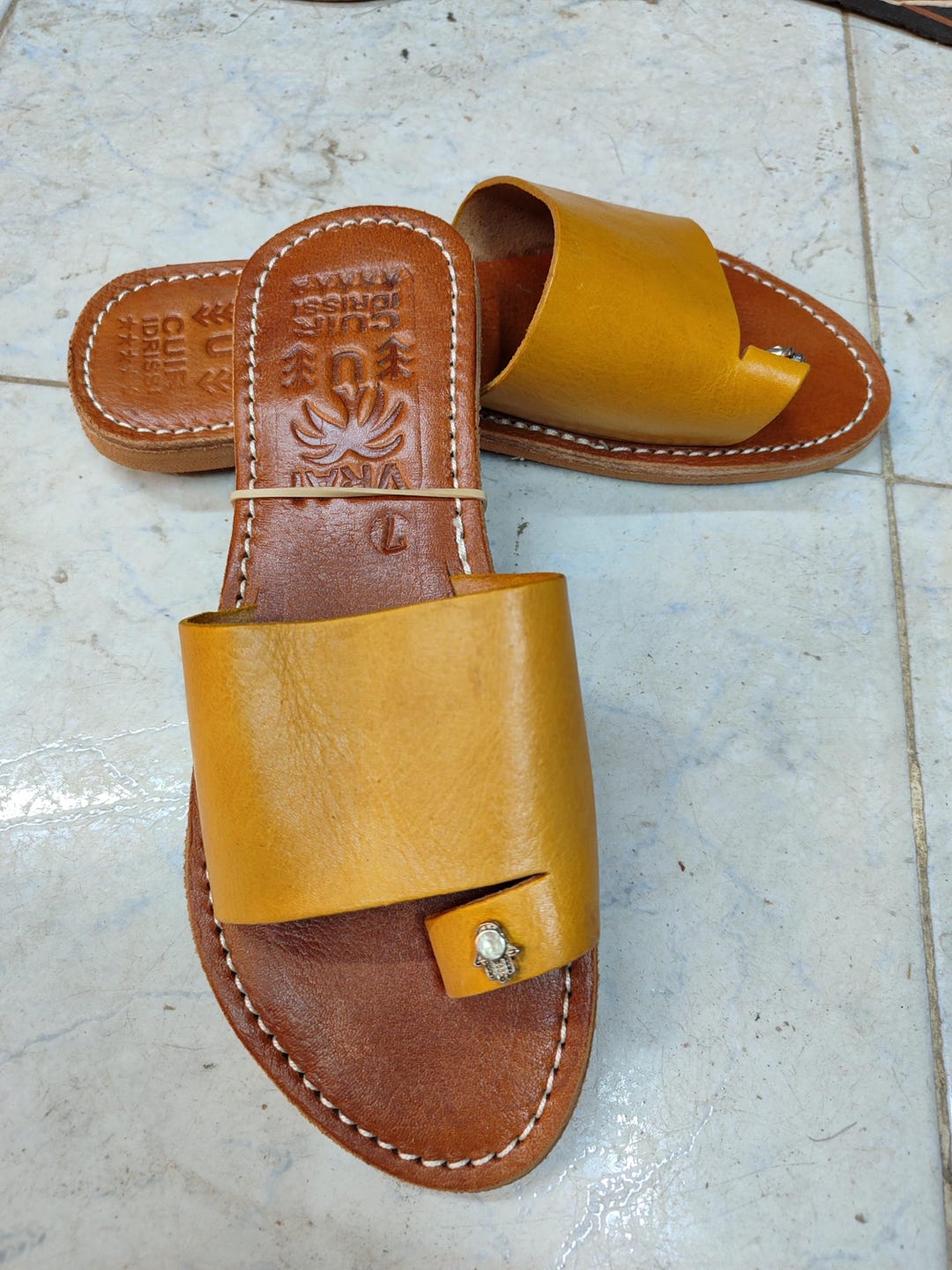 Handmade Moroccan Leather Sandals Women: Mustard Yellow Boho Slides - Etsy