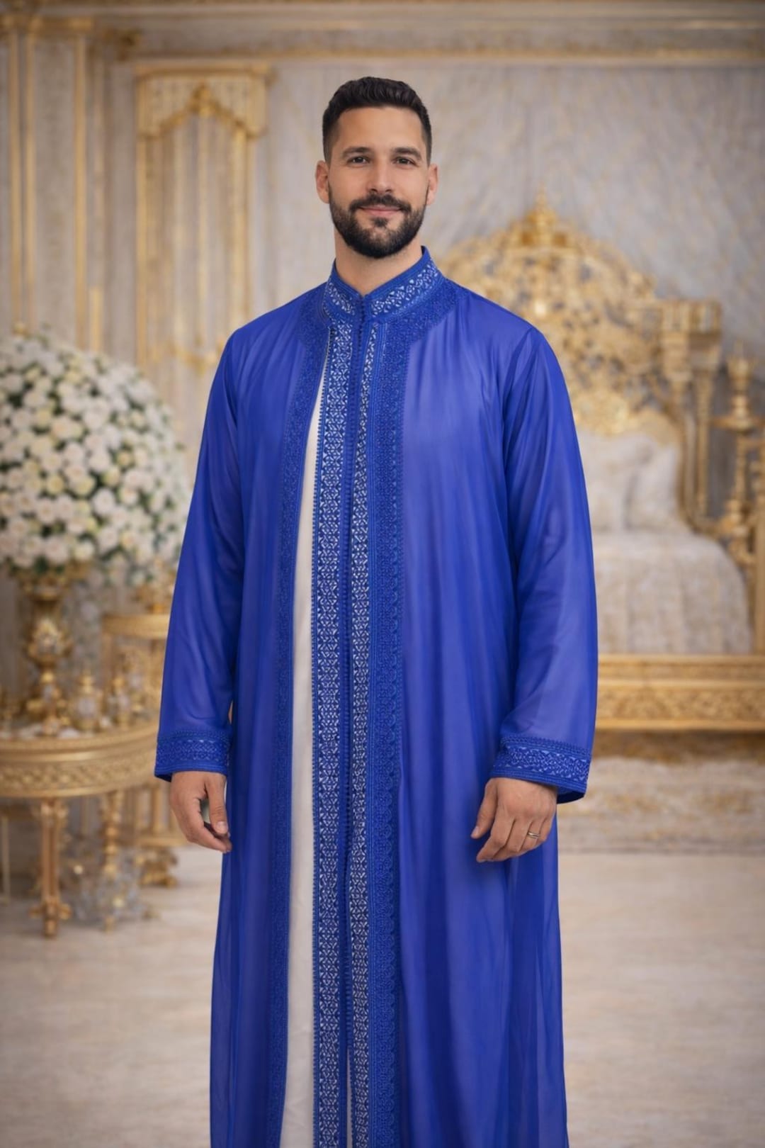 Moroccan Thobe Men 2 Piece Set | Royal Blue Embroidered Jabador ...