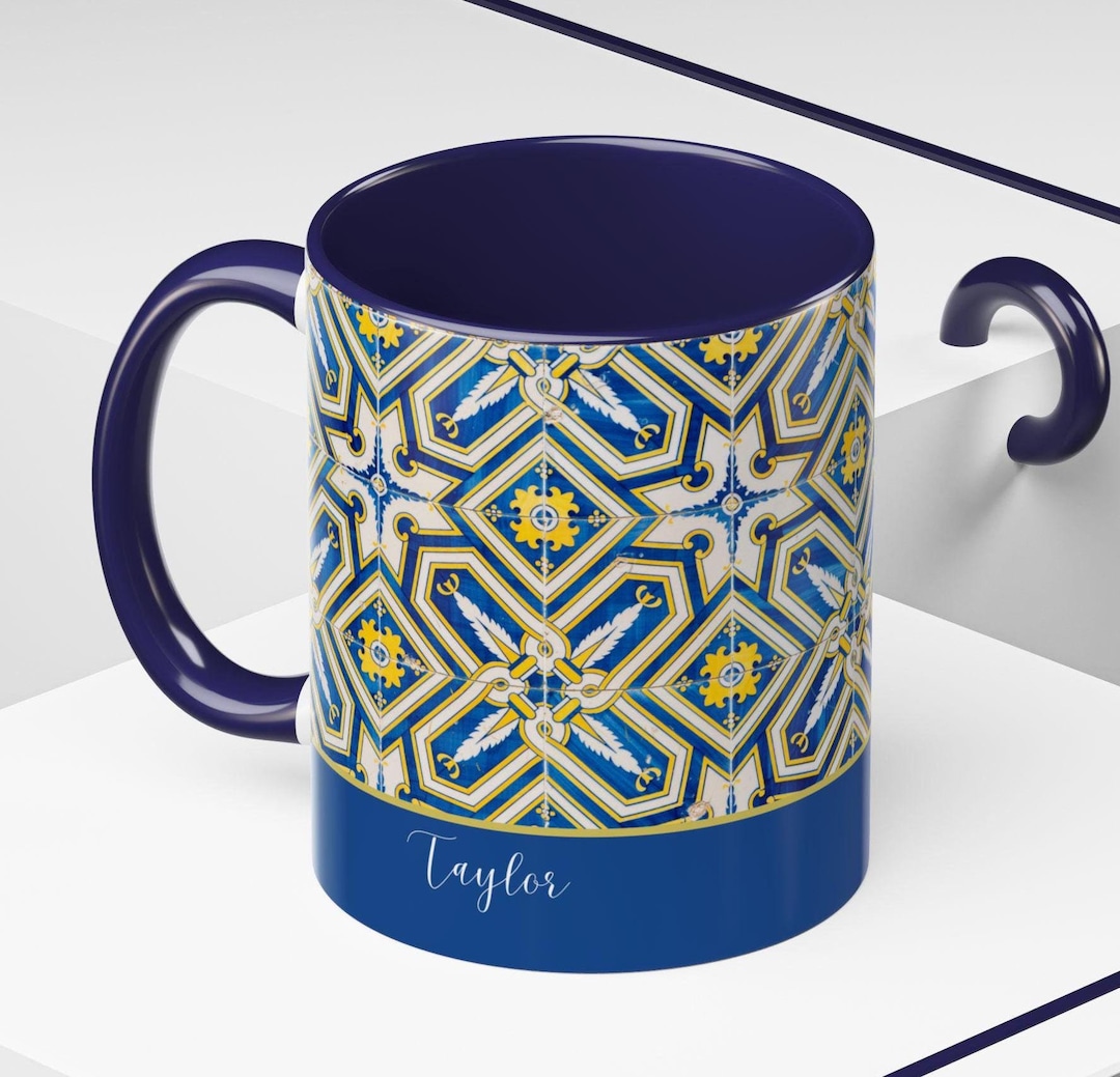 Personalized Tile Pattern Coffee Mug– Custom Name Ceramic Mug, Elegant ...
