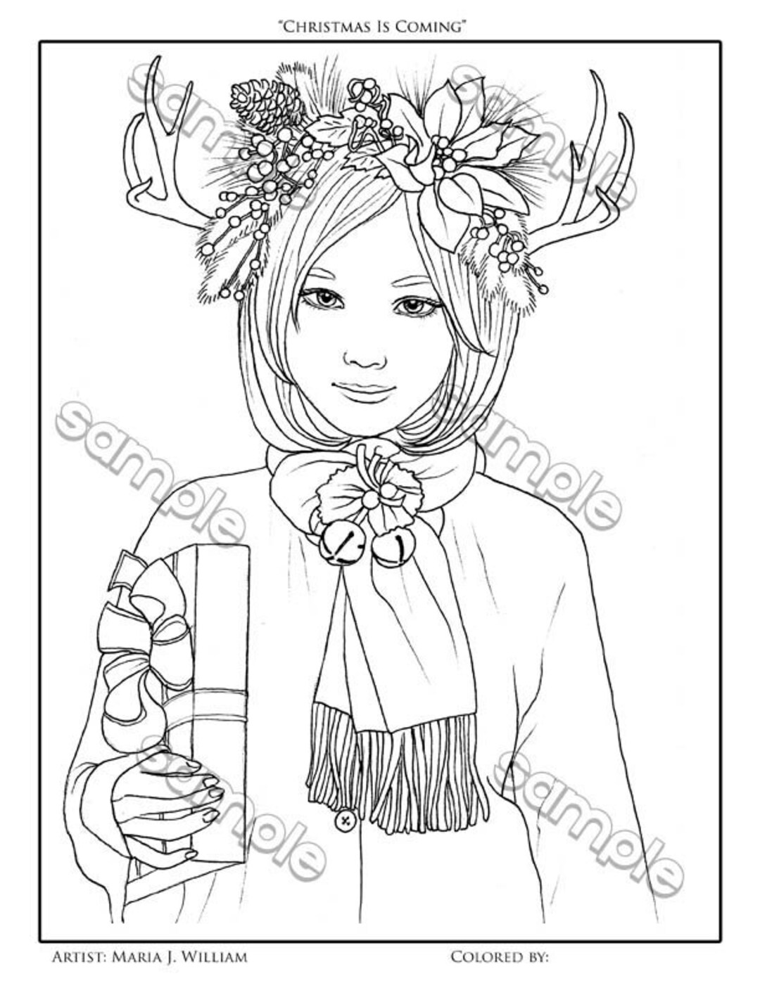 Christmas Winter Portrait Coloring Page by Maria William, Instant PDF ...