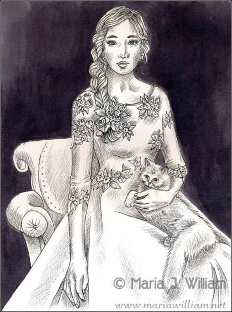 Charmed Living Original Ink Sketch Woman & Cat by Maria J. | Etsy