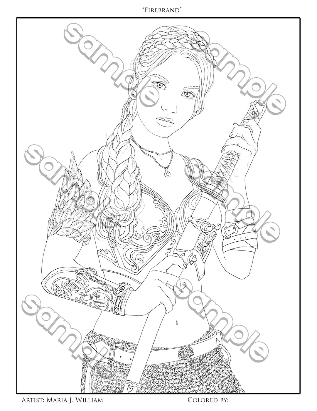 Warrior Girl With Katana Coloring Page by Maria William, Instant PDF ...
