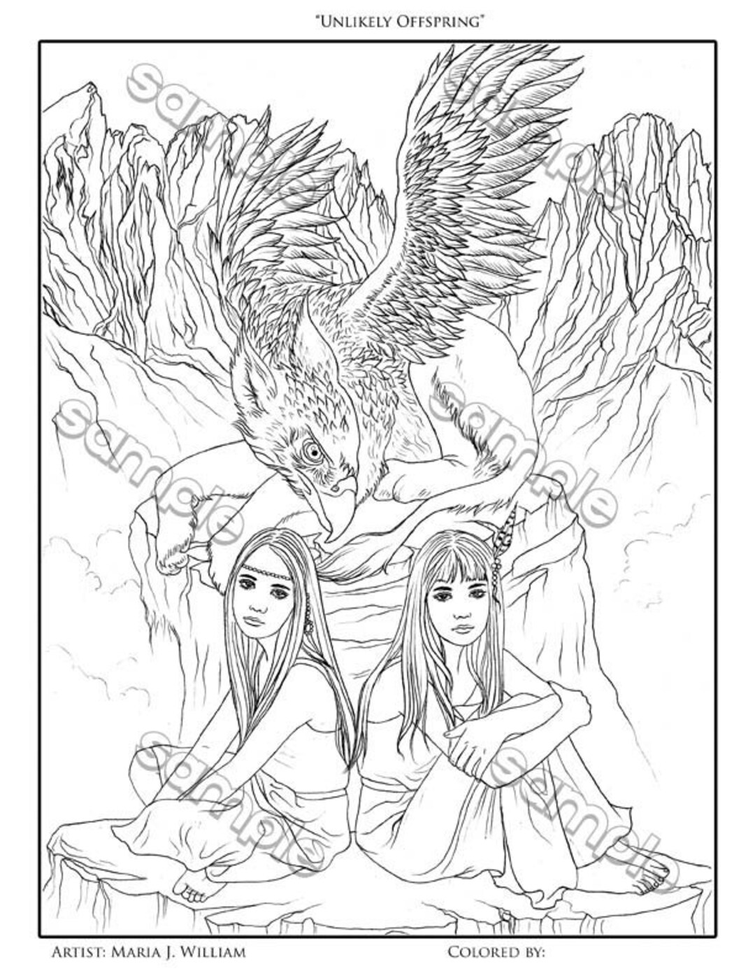 Girls & Gryphon Fantasy Coloring Page by Maria William, Instant PDF ...
