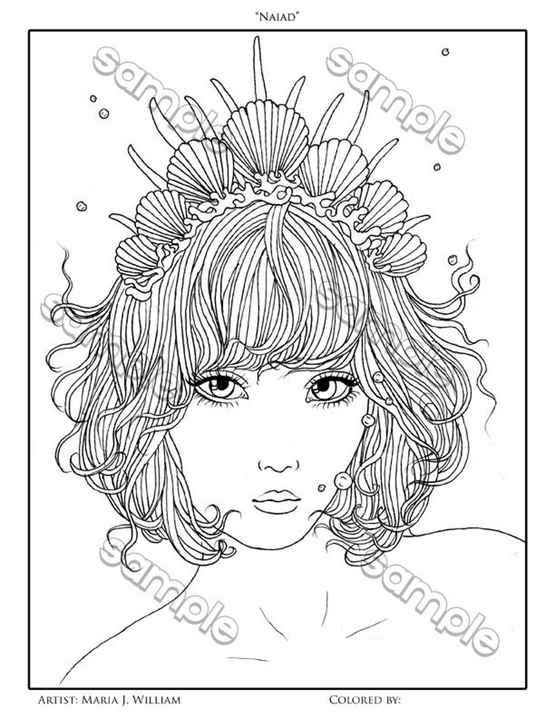 Mermaid Fantasy Portrait Coloring Page by Maria William, Instant PDF ...