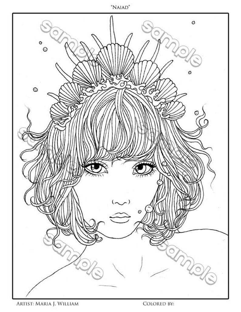 Mermaid Fantasy Portrait Coloring Page by Maria J. William | Etsy