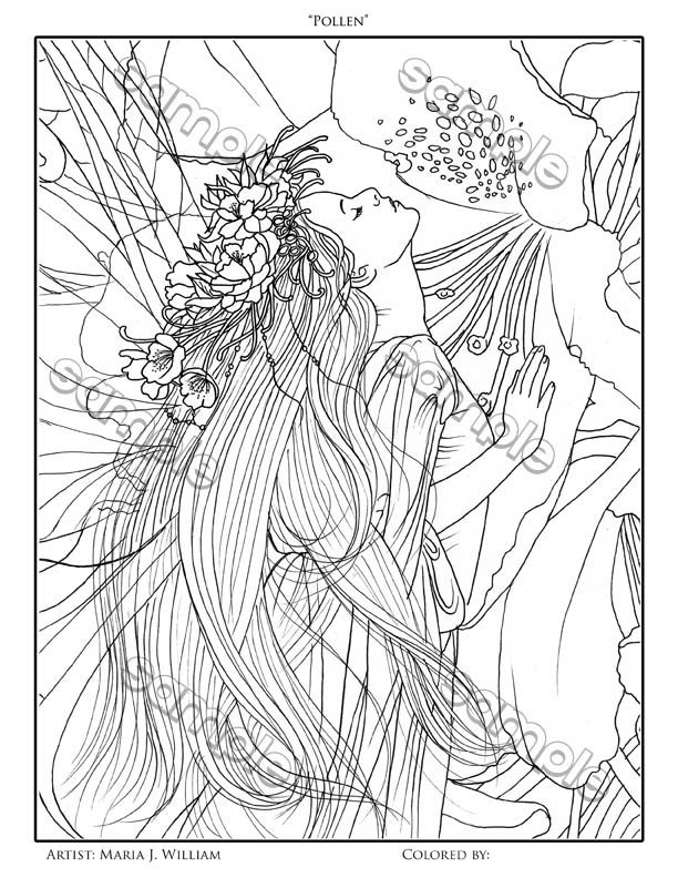 Fairy & Flowers Fantasy Coloring Page by Maria J. William - Etsy