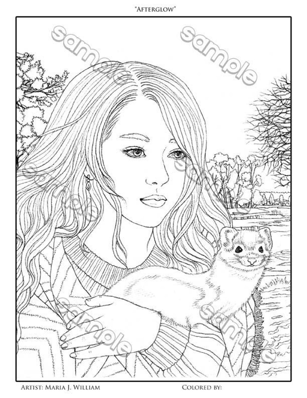 Cute Girl & Ermine Winter Fantasy Coloring Page by Maria J. William ...