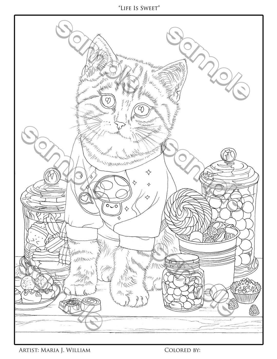 Cute Cat in a Candy Store Coloring Page by Maria J. William, Instant ...