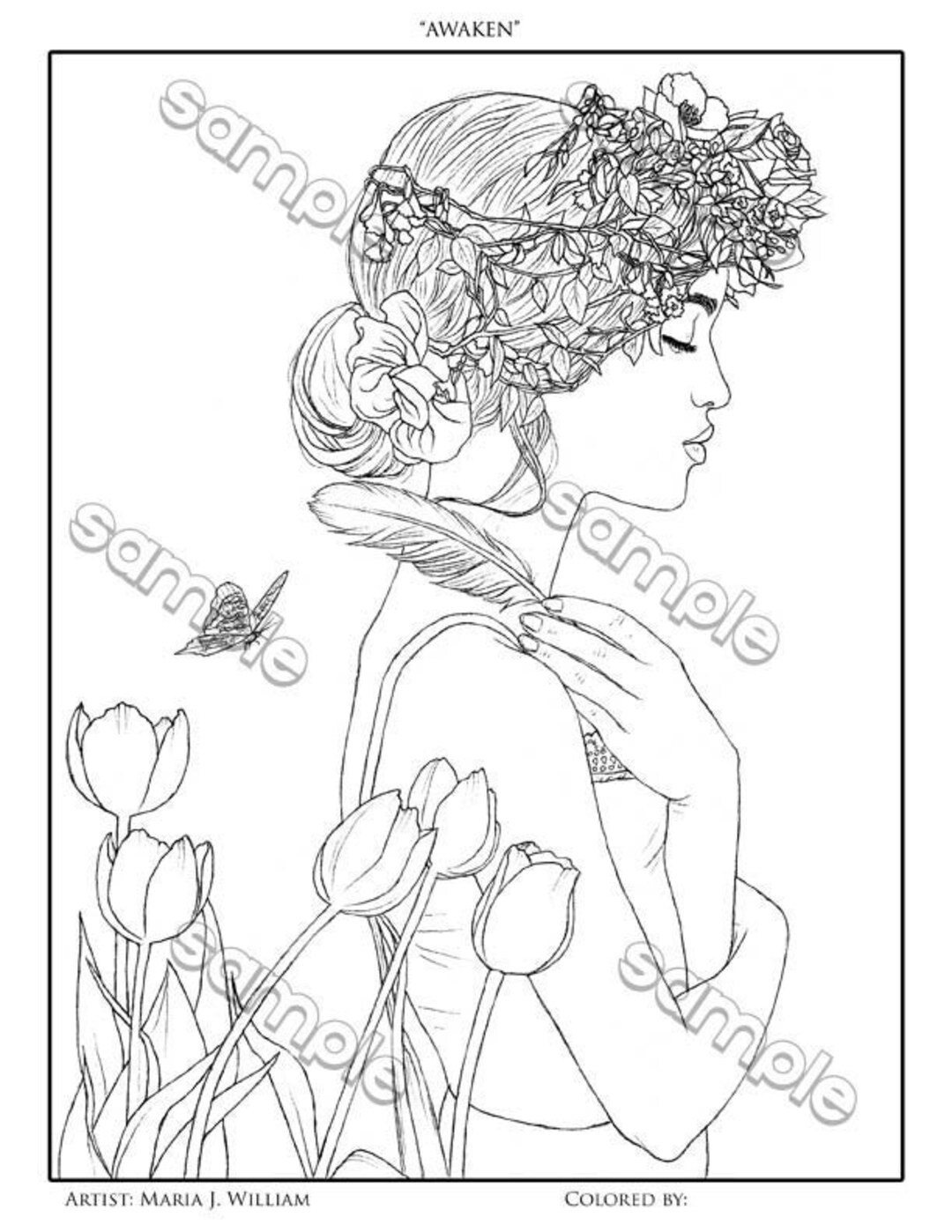 Spring Female Portrait Coloring Page by Maria William, Instant PDF ...