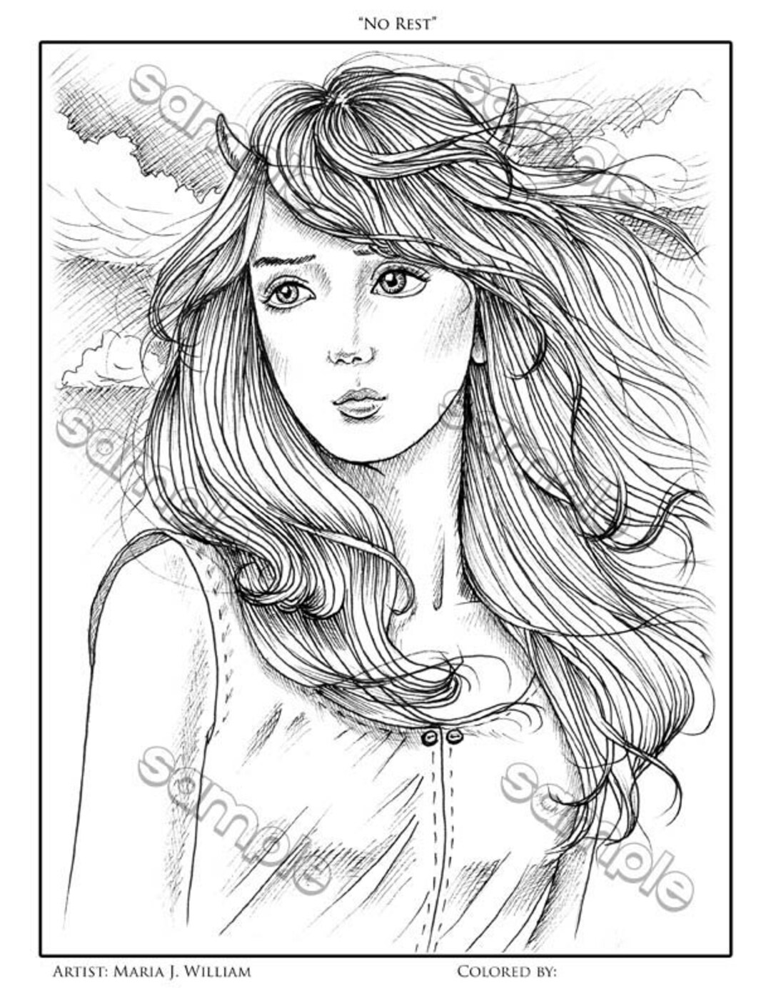 Demon Girl Coloring Page by Maria J. William, Instant PDF Download - Etsy