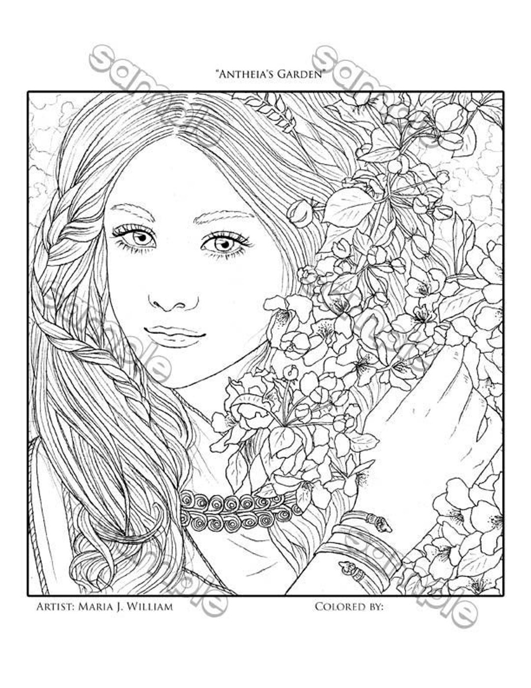 Greek Flower Goddess Fantasy Portrait Coloring Page by Maria J. William ...
