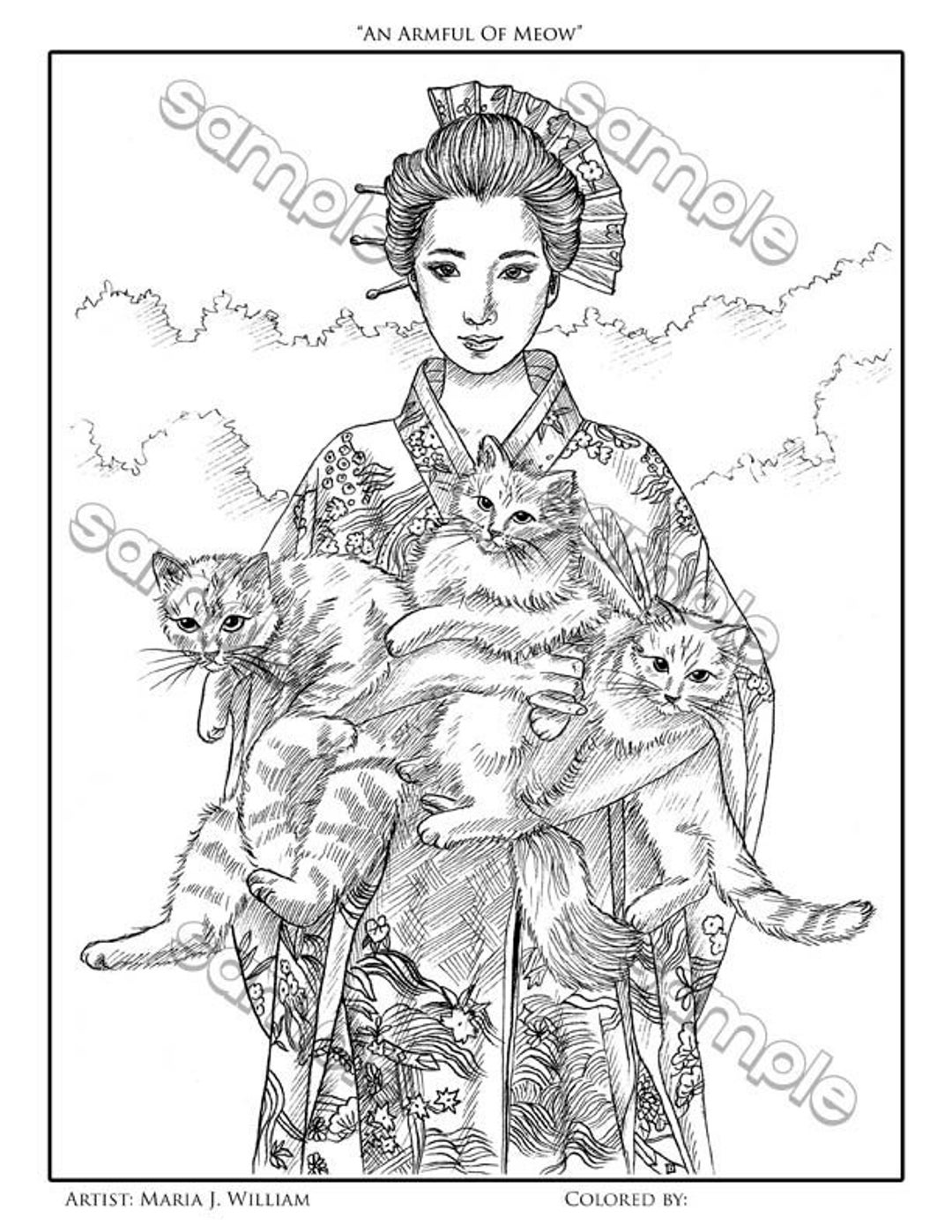 Kimono Woman With Cats Coloring Page by Maria J. William, Instant PDF ...