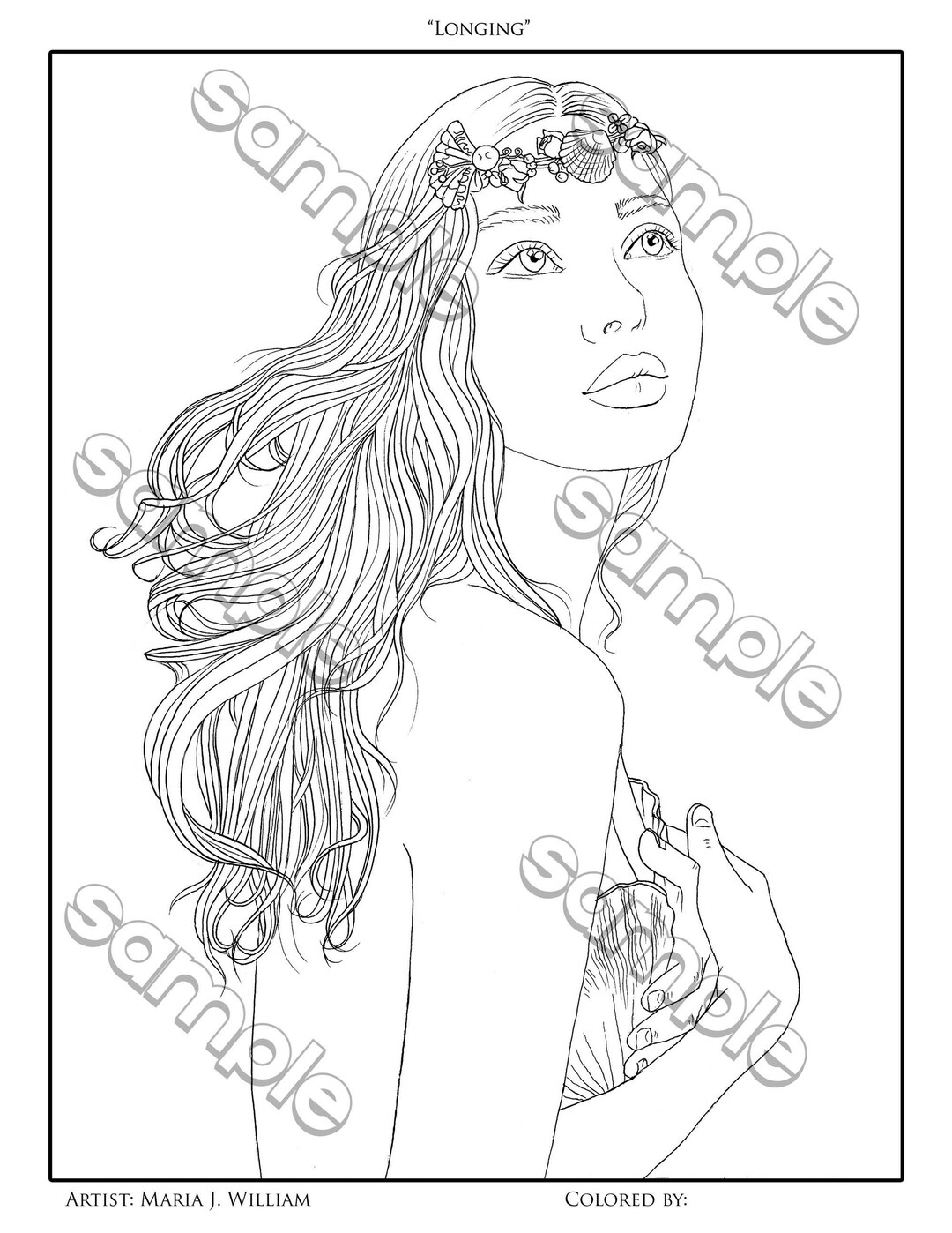 Mermaid Fantasy Portrait Coloring Page by Maria J. William, Instant PDF ...
