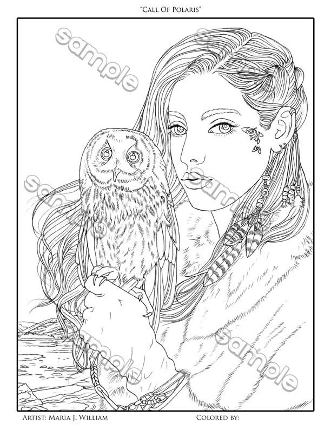 Beautiful Girl & Owl Winter Portrait Fantasy Coloring Page by | Etsy