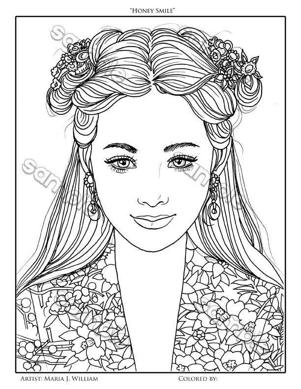 Pretty smiling girl portrait coloring page by Maria J. | Etsy