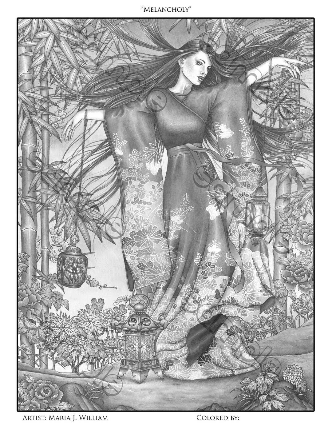 Sad Dancing Lady in Kimono - Grayscale Coloring Page by Maria William ...